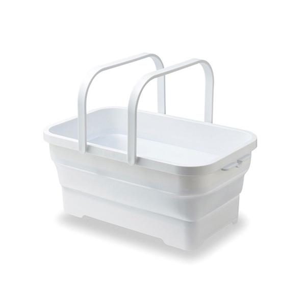 カラー：ホワイト本体サイズ（約）：［展開時］幅46.3×奥29×高19.6cm　：［折り畳み時］幅46.3×奥29×高6.8cm重量（約）：862g容量（約）：15L素材：熱可塑性エラストマー、ポリプロピレン