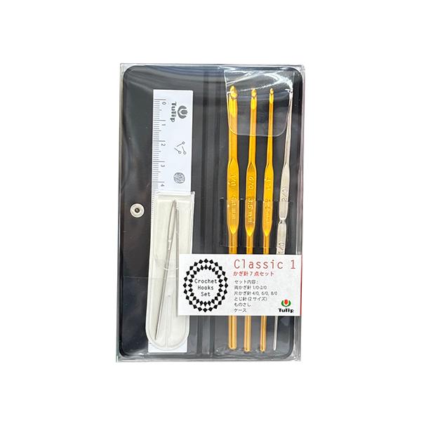 パッケージサイズ（約）：縦175×横90×厚14mm素材：［両かぎ針］スチール　［片かぎ針］アルミニウム　［とじ針］鋼線　：［ものさし/ケース］PVC