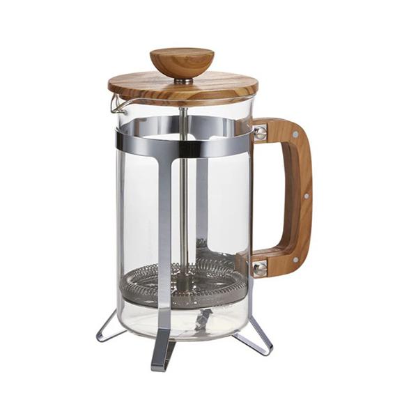 本体サイズ（約）：［本体］幅133×奥95×高186mm　［口径］径90mm重量（約）：600g容量（約）：600mL（4杯用）素材：［フタ／ツマミ／ハンドル］オリーブウッド　：［シャフト／フィルター一式／ハンドルネジ］ステンレス