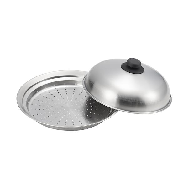 サイズ（約）：［プレート／外寸］径28.8×高2cm　［プレート／内寸］底径21.5cm　：［蓋］高6.3cm（取っ手含まず）重量（約）：530g素材：［プレート］18−8ステンレス　［フタ］18−0ステンレス　［ツマミ］フェノール樹脂　：...