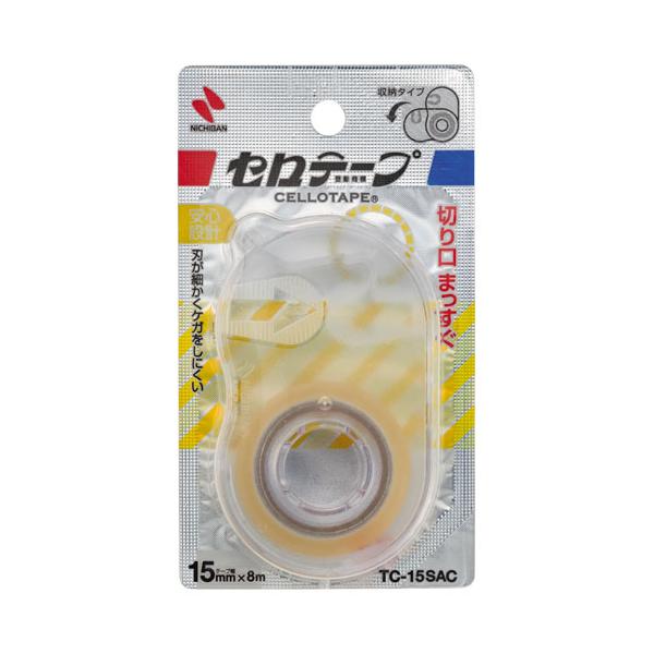 テープサイズ（約）：幅15mm×長8m巻パッケージサイズ（約）：幅6.8×厚2.5×高12cm 素材：セロハン粘着剤、ゴム系カッター、ポリスチレン樹脂