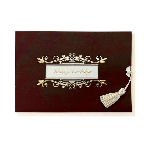 カラー：ブラウン本体サイズ（約）：縦115×横165mm（定型内）重量（約）：21g素材：紙仕様：エンボス加工、箔押し、タッセル付