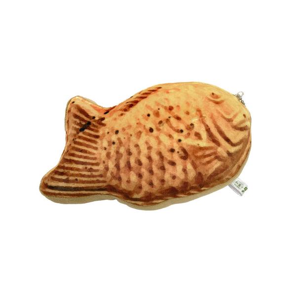 デザイン：たい焼き本体サイズ（約）：幅180×奥140×高55mmパッケージサイズ（約）：幅180×奥65×高165mm素材：［生地］ポリウレタン弾性線維、ポリエステル　：［中綿］ポリエステル　［ボールチェーン］鉄（メッキ加工）