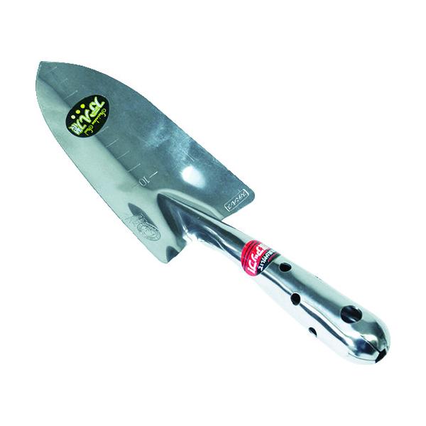 特長握り部裏面は補強板入りで丈夫な仕上です。球根の植え付け深さを計測できる目盛付です。用途花壇、プランターの土入れや土出し、肥料やりに。仕様・規格 柄部長さ：125mm頭部板厚：1.0mm全長(mm)：280刃先長(mm)：155刃先幅(m...