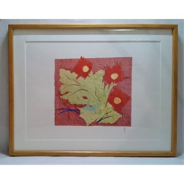 美術工芸品　額　紙絵　「ガーベラ」　高村智恵子作　（106/200）　素材　精密写真　商品サイズ　縦420×横530×厚さ30mm長期店頭展示品、在庫品の為、台紙に色褪せがあります。専用段ボール箱は綺麗です。参考店頭価格は￥55000（税込...
