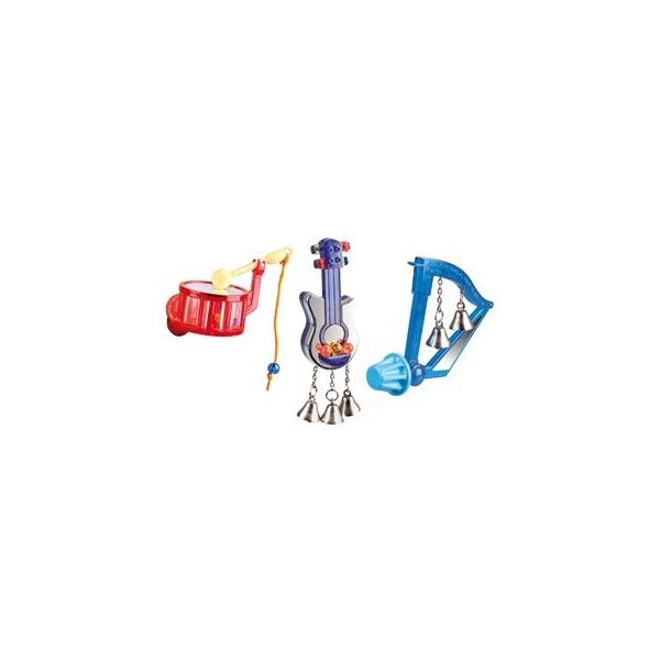ヨーロッパで人気のペットメーカーFLAMINGOPET！ 鳥ちゃん専用のドラムやギターなど多種類の６個のおもちゃが１個になったセットです。 サイズ+/- 8 cm ? With mirror and bell