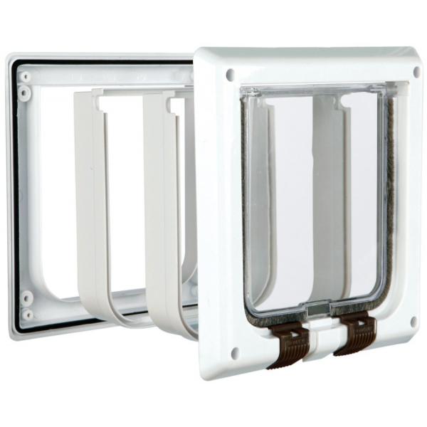 猫ちゃんのためのプラスチックキャットドア。透明なフラップで静かなアクションが可能です。特別なシーリングと磁気ロック付きで安全ロック付き。 ドアや壁の幅に合わせて２個のトンネルが付属しています。奥行はトンネル仕様で最大1.9-6.5 cm サ...