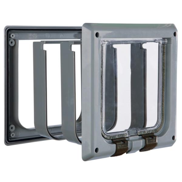 猫ちゃんのためのプラスチックキャットドア。透明なフラップで静かなアクションが可能です。特別なシーリングと磁気ロック付きで安全ロック付き。 ドアや壁の幅に合わせて２個のトンネルが付属しています。奥行はトンネル仕様で最大1.9-6.5 cm サ...