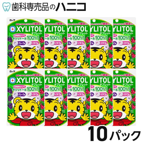 キシリトールを甘味料として100%使用したパウチ入りノンシュガータブレットです。ガムが噛めないお子様にもおすすめでき、習慣化にも最適です。●入数：10パック●種類：パウチ●フレーバー：グレープ味・イチゴ味のアソート●内容量：30g