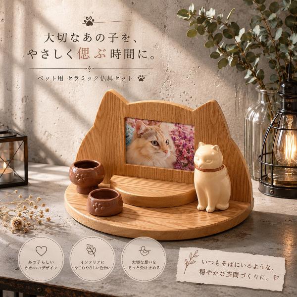 かけがえのない家族だったペットとの思い出を、いつまでも大切に。ナチュラルな木のぬくもりと、やさしいデザインが調和したペット用仏具セットです。耳をモチーフにしたフォトフレームは、お気に入りのお写真を飾りながら、いつでもあの子を身近に感じられる...