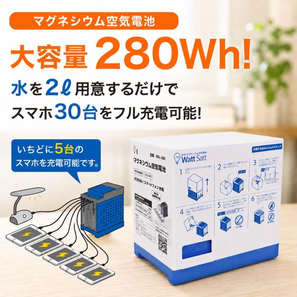 ■商品名水を2L用意するだけでスマホを最大5台充電できるマグネシウム空気電池■主な用途災害時や停電時、避難所、オフィス等の非常用電源（スマホ等の同時充電）■主な特長・【水だけで簡単発電】本体に水を2L注ぐだけで発電がスタート。水道水のほか、...