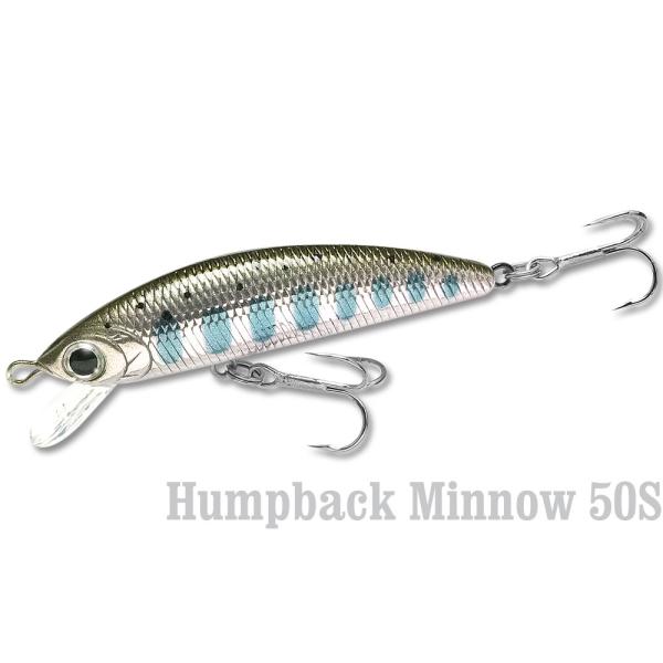 Humpback Minnow 50S~Sinking~全長：50mm重量：4.0gタイプ：シンキング深度：0.6ｍフック：#10, #10ハンプバックミノーはお腹のフックを中心としてのタイトローリングアクションが特徴です。また背中の大きな...