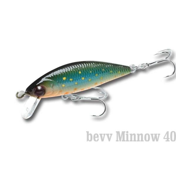 Bevy Minnow 40SP全長：38mm (1-1/2")重量：2.0g (1/16oz)タイプ：サスペンド深度:0.3〜0.6mフックサイズ#12, #12