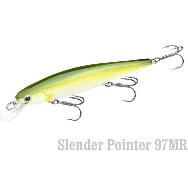 Slender Pointer 97MR全長：97mm (4")重量：10.0g (3/8oz )タイプ：サスペンド細身で3フックシステムはキスバイトもフッキングする違和感のないミノー。アメリカンコンセプトで作られたモデルだが、日本での活躍...