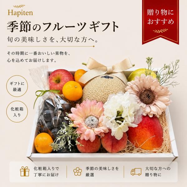 【Hapiten】クラウンメロン入り 旬果のアソート Premium  ｜華やかな旬のフルーツを詰め合わせたギフト旬のフルーツを厳選して詰め合わせた華やかなフルーツバスケット。手土産やお礼、誕生日など幅広い贈り物シーンに。季節の果物を彩りよ...