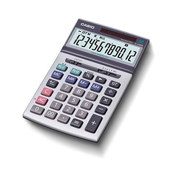 電卓・シルバー 176.5×17×24.6(mm) JS-200W-N・・PatternName:単品・●桁数:12 ●メモリー:2・●電源種類:T・W・P(太陽電池と補助電池の併用) ●電池数:1・●大きさ(奥行×幅×高さ)mm:176....