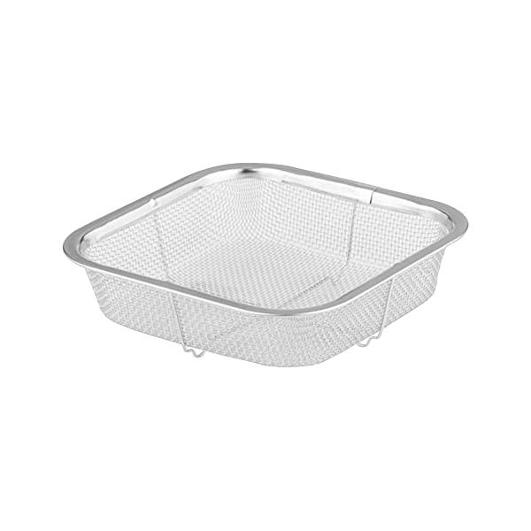 ザル・  AMN02001・外寸 :180×180×H46mm・内寸 :160×160mm 深さ:40mm・製品重量:92g・材質:18-8ステンレス