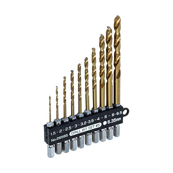 ドリルセット 鉄工用・ゴールド #5 #5・・Size:#5Style:ドリルセット 鉄工用・セット内容:1.5・2・2.5・3・3.2・3.5・4・5・6・6.5mm、収納ホルダー・鉄・銅・アルミ・プラスチック・木材などに・チタンコーティ...
