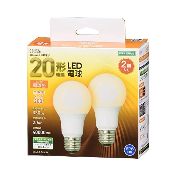 2個パック電球色/20形相当/LDA3L-G AG52 2P・Color:電球色Size:20形相当Style:2個パック・パッケージ個数:1・ 特 長 ● 全光束330ルーメン、白熱電球20形相当の明るさ● 光の広がり約280°の全方向タ...