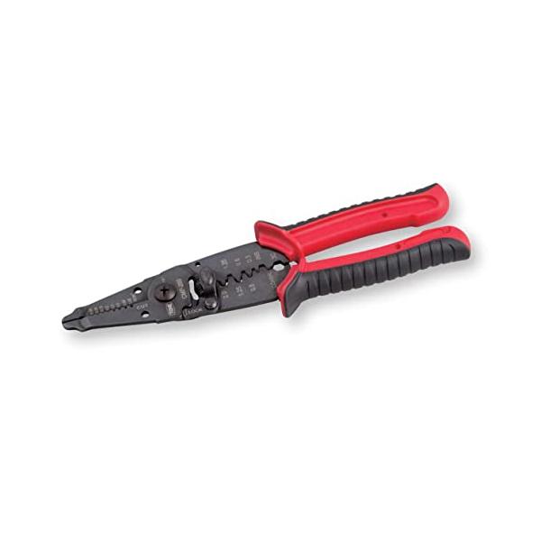 ・レッド  CMP-200・用途:万能電工ペンチ・全長:220mm・重量:193g・1本で3役:1.配線を切断する 2.配線の被覆を剥く 3.圧着端子を圧着する・適応1/クローズドバレル型の圧着(表記:適応端子)/0.5:0.5sq用、1....