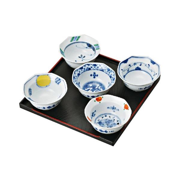 和食器・染錦絵変り  30010・・PatternName:八角小付揃(盆付)・サイズ:小付/φ8.5×H4.5cm 盆/21×21×H1.5cm・本体重量:800g・素材・材質:器/磁器 盆/ABS 樹脂・原産国:日本・容量:器/125ml