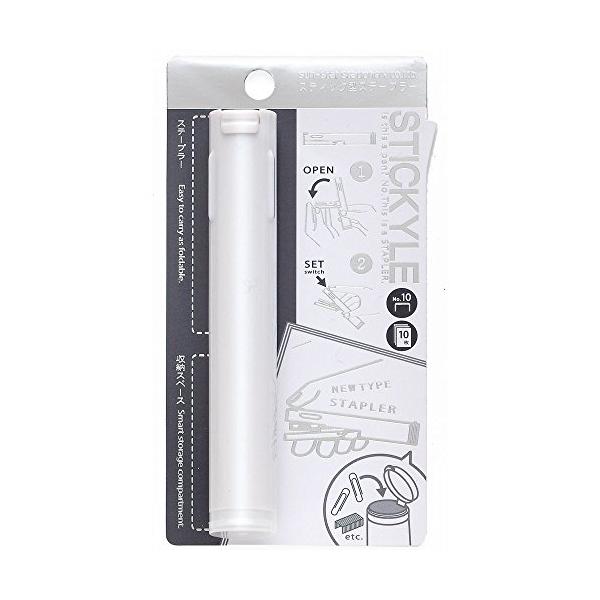 スティッキールステープラー・ホワイト  S4763220・・Color:ホワイト・本体サイズW18×H114×D20mm・重さ22g・内容10号針50本まで装填可能・仕様後部のボックスに小物を収納可能・材質PC、スチール、PP