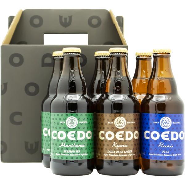 日本を代表するクラフトビールメーカーとなった川越コエドブルワリー。ブルワリーの看板ビール３種の飲み比べセットです。【商品内容】COEDO伽羅333ml×2、 COEDO瑠璃333ml×2、COEDO毬花333ml×2【アルコール度数】毬花(...