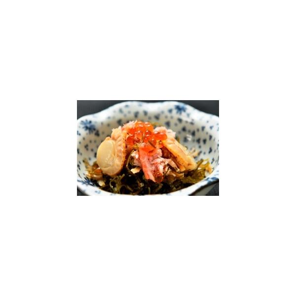 ちょっと贅沢な松前漬北海道　道南地方の郷土料理で昔から親しまれてきた昆布とスルメの松前漬に数の子のばら子を加えて粘りを出した松前漬に帆立貝、いくら、ずわいがにをのせた、ちょっと贅沢な松前漬です。原材料を個々に計量し具材を詰めていますので、均...