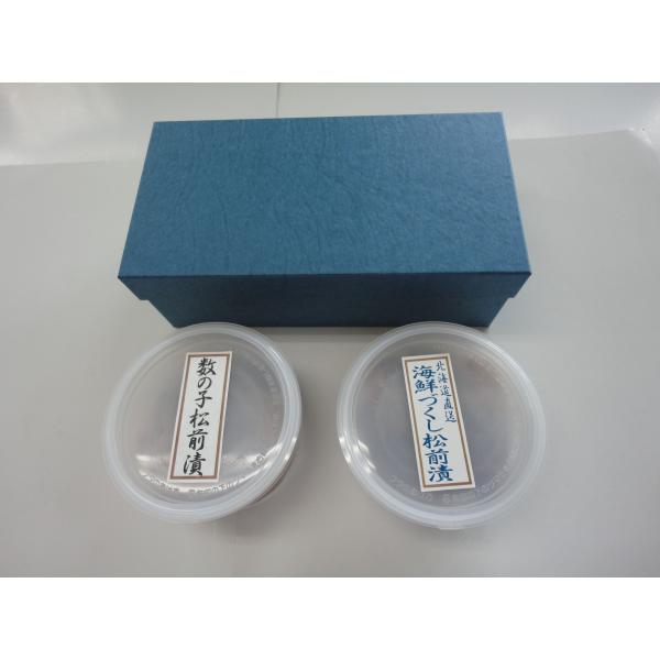 人気のあるちょっと贅沢な海鮮づくし松前漬と、数の子がふんだんに入った松前漬をセットにしました。                 海鮮づくし松前漬北海道産の昆布とするめいかと帆立貝、つぶ貝に数の子、ずわいがにを加えた少し贅沢な松前漬です。数の...