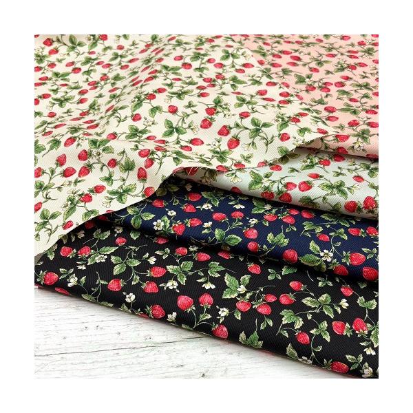 手描き風の可愛らしい いちご柄が入荷しました。ツイル地にプリントしてあるので、 程よい厚みはありますが、 ごわつきはなく縫いやすい生地です。アイボリーやパステルカラーの他に、 シックなネイビーやブラックを揃えた 5色展開です。インテリア雑貨...