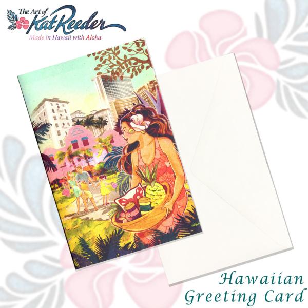 Kat Reeder キャット リーダー/カット リーダーのアート作品がグリーティングカードになりました！中は白無地で、裏はロゴ入りとなっております。白いシンプルな封筒付きです。大切な方へのメッセージはオシャレで素敵なハワイアンデザインのグ...