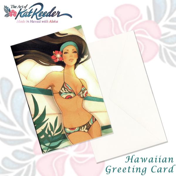 Kat Reeder キャット リーダー/カット リーダーのアート作品がグリーティングカードになりました！中は白無地で、裏はロゴ入りとなっております。白いシンプルな封筒付きです。大切な方へのメッセージはオシャレで素敵なハワイアンデザインのグ...