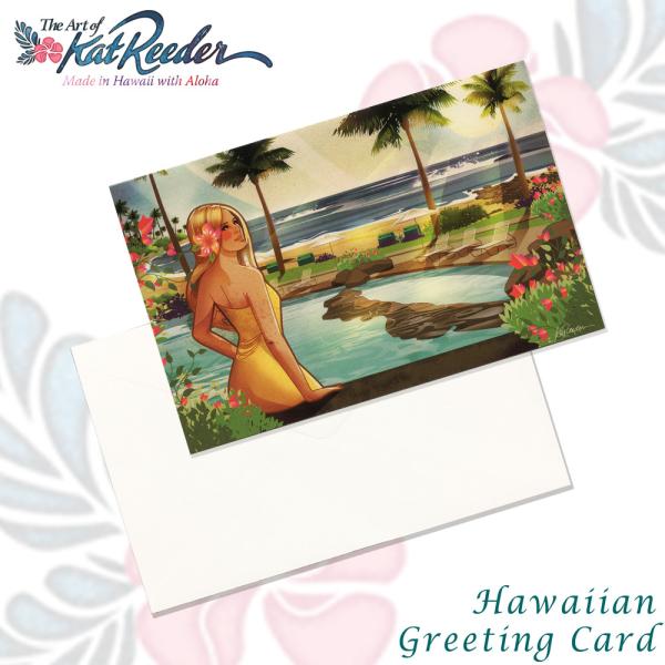 Kat Reeder キャット リーダー/カット リーダーのアート作品がグリーティングカードになりました！中は白無地で、裏はロゴ入りとなっております。白いシンプルな封筒付きです。大切な方へのメッセージはオシャレで素敵なハワイアンデザインのグ...