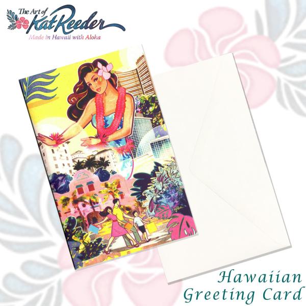 Kat Reeder キャット リーダー/カット リーダーのアート作品がグリーティングカードになりました！中は白無地で、裏はロゴ入りとなっております。白いシンプルな封筒付きです。大切な方へのメッセージはオシャレで素敵なハワイアンデザインのグ...