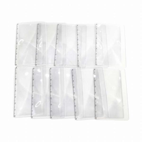 キャッシュカード、クレジットカードサイズのクリアなカードルーペを10枚まとめて。8cmまでの目盛り付きなので、コンパクトな定規としても使えます。お財布のカードポケットに入れたり、本のしおりとしても使えます。かさばらないし、あると便利です。サ...