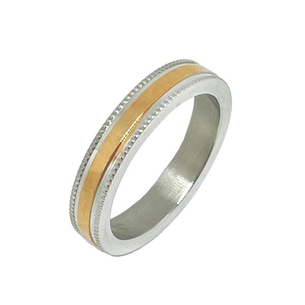 ■商品詳細◆使用地金：ステンレススチール◆サイズ：７・9・11・13号◆幅：約4.0mm・厚さ：約2.0mm◆カラー：シルバー×ピンクゴールド◆特徴：シンプルなサージカルステンレスのミル打ちリング。繊細で上品なサイドに入ったミル打ち、色違い...