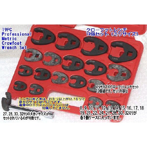 ミリサイズのクローフットレンチセット19個組です。セット内容は　８、９、１０、１１、１２、１３、１４、１５、１６、１７、１８、１９、２１、２２、２４、２７、２８、３０、３２ミリが各１個　ケースに入っています。レンチの差込角は21ミリ以上が1...
