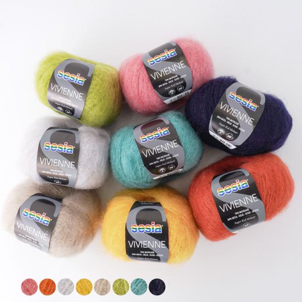 商品名：VIVIENNEブランド：sesia太さ：極細形状：25g(210m)品質：モヘア(スーパーキッドモヘア)70%、シルク30%使用針：棒針：1〜5号標準ゲージ：メリヤス編み：21目〜32段原産国：イタリア