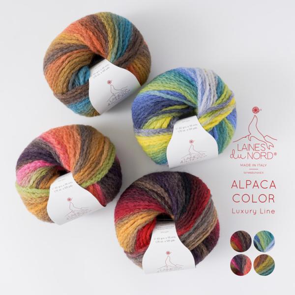 商品名：ALPACA COLORブランド：LAINES du NORD太さ：超極太形状：50ｇ(115ｍ)品質：アルパカ60％、ウール(ミュールジングフリー)30％、ナイロン10%使用針：棒針8ｍｍ〜10ｍｍ標準ゲージ：12〜13目、18〜...