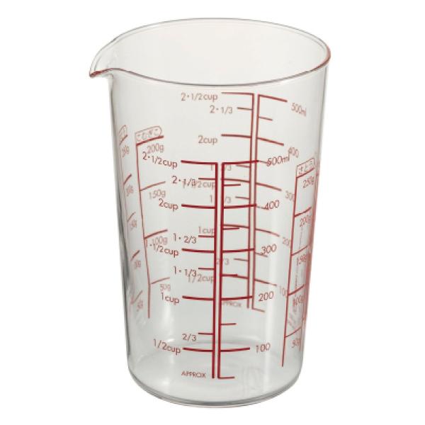 中から見えるメモリで使いやすいメジャーカップ。電子レンジ・食器洗い乾燥機OK。※個箱は付いていませんサイズ 幅 99 mm × 奥行 91 mm × 高 145 mm口径 91 mm容量 実用容量：500 ml　材質 耐熱ガラス原産国 日本製