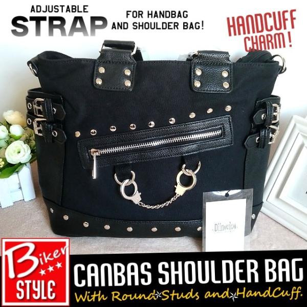 【Round Studs HandCuff Charm Canvas Shoulder Bag】ワイルドな雰囲気たっぷりのラウンドスタッズを散りばめたパンキッシュなショルダーバッグ!!ワイドストラップベルトだから斜め掛けも楽ちん♪サイドのダ...