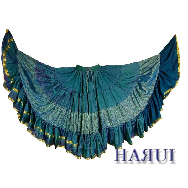 ◆商品番号：ind2601-gr850◆カラー：グリーン/パープル/ゴールド◆サイズ：F（フリー）※ウエスト：F（ゴム＆ヒモ調整)/〜最長100cm）※スカート丈：98cm / 1段目 裏生地有り◆素材：シルク100％◆原産国：インドシルク...