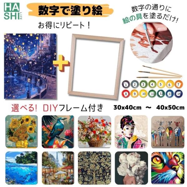 付属のアクリル絵具で数字のとおりに色を塗るだけ。仕上がりは油絵風の本格絵画の完成。完成目安：平均1-4週間(個人差大）■含まれるもの・数字が印刷されたキャンバス１枚・筆３本・アクリル絵具・壁がけ用フックとネジ・印刷数字ガイド・完成見本・オリ...