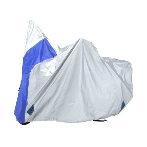 のぞかれにくい深いかぶりとスソ絞り。前後にロック用の大型スリットがついてるので盗難抑止対策に最適。ハンドルロック状態（左側）に合わせた立体裁断。風を巻き込みにくいスソ絞りタイプなのでぴったりフィット。従来のバイクカバーEタイプに比べ強力コー...