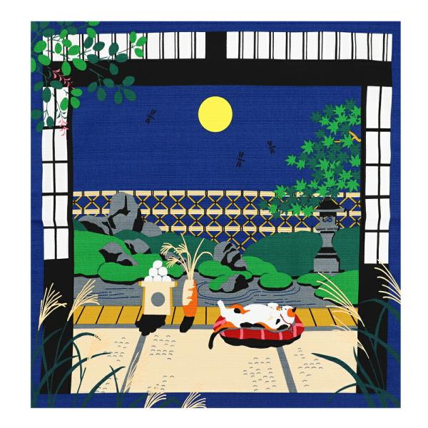 風呂敷 日本製 50cm幅 中巾 三毛猫みけの夢日記 みけとお月様 9月 お月見 団子 月 笹 とんぼ トンボ ススキ すすき 竹 三毛猫 みけねこ ネコ ねこ 猫 綿100％ 粋 モダン 北欧 テーブルクロス インテリア スカーフ リメイ...