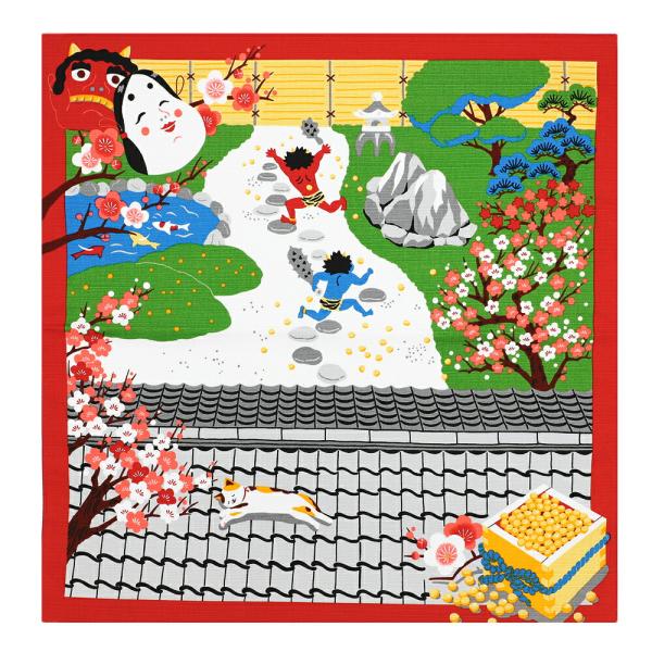風呂敷 日本製 50cm幅 中巾 三毛猫みけの夢日記 みけの節分 2月 節分 鬼 オニ 仮面 豆まき 盆栽 岩 梅 うめ ウメ 花 鯉 コイ 魚 三毛猫 みけねこ ネコ ねこ 猫 綿100％ 粋 モダン 北欧 テーブルクロス インテリア ス...