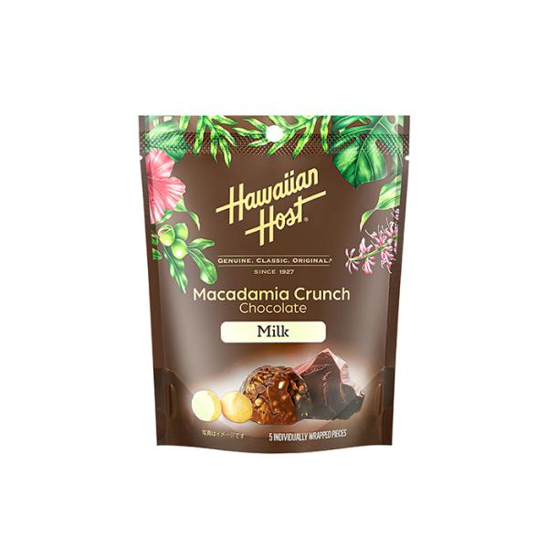 マカダミア ミルククランチチョコ5個入が新登場!マカダミアナッツ、コーンフレーク、パフをミルクチョコでからめた軽い食感のクランチチョコレート。食べやすいひと口サイズで、マカダミアナッツの香ばしさが広がります。ハイビスカス柄の個包装入りで、普...