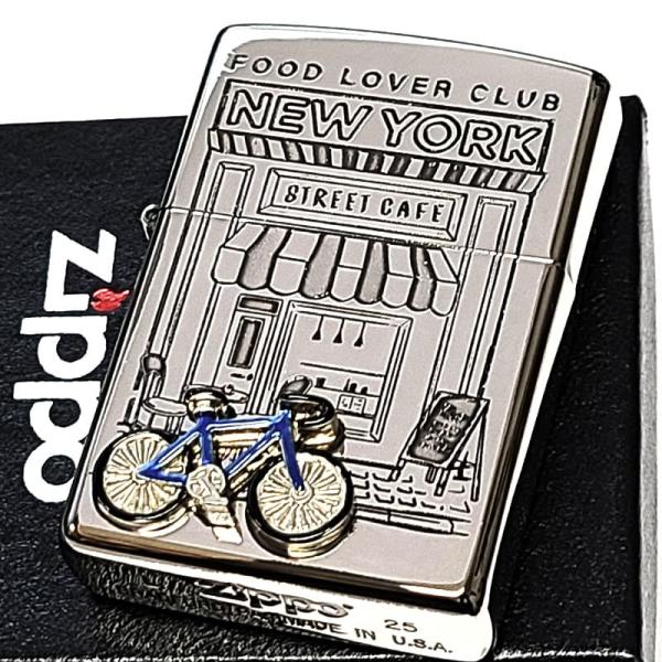 NEW YORK -FOOD LOVER CLUB- 自転車メタル ZIPPOブルーの自転車が走る、ニューヨークの風景を手のひらに。ニューヨークの街角を切り取ったようなエングレービングが魅力のZIPPOライター。ストアフロントの繊細な彫刻に...