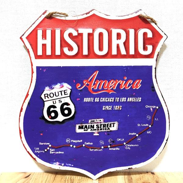 「アンティークエンボスプレート HISTORIC ROUTE66」アンティーク風な加工を施したルート66デザインのプレートです。お部屋に飾るだけでアメリカンな雰囲気になること間違いなし！エンボス加工による凸凹感と錆びた感じもgoodです。軽...