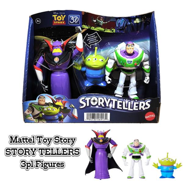 Mattel Toy Story STORYTELLERS 3pk Figures.エンペラー・ザーグ／バズ・ライトイヤー／リトルグリーンメンの豪華ラインナップで30周年記念ロゴ入りの特別仕様パッケージ。フィギュアはそれぞれ個別に立てて飾れ...